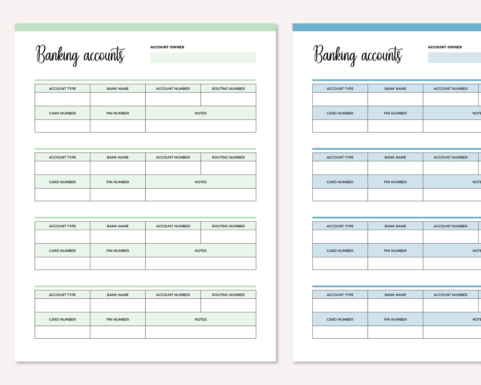 Bank Account Tracker Printable Banking Account Information - Etsy