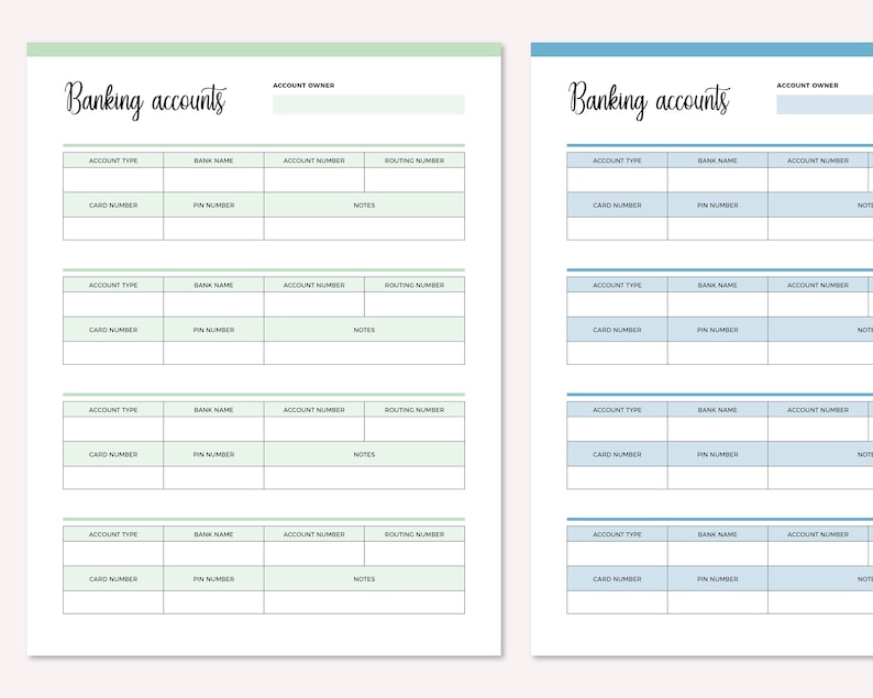 Bank Account Tracker Printable Banking Account Information - Etsy Australia