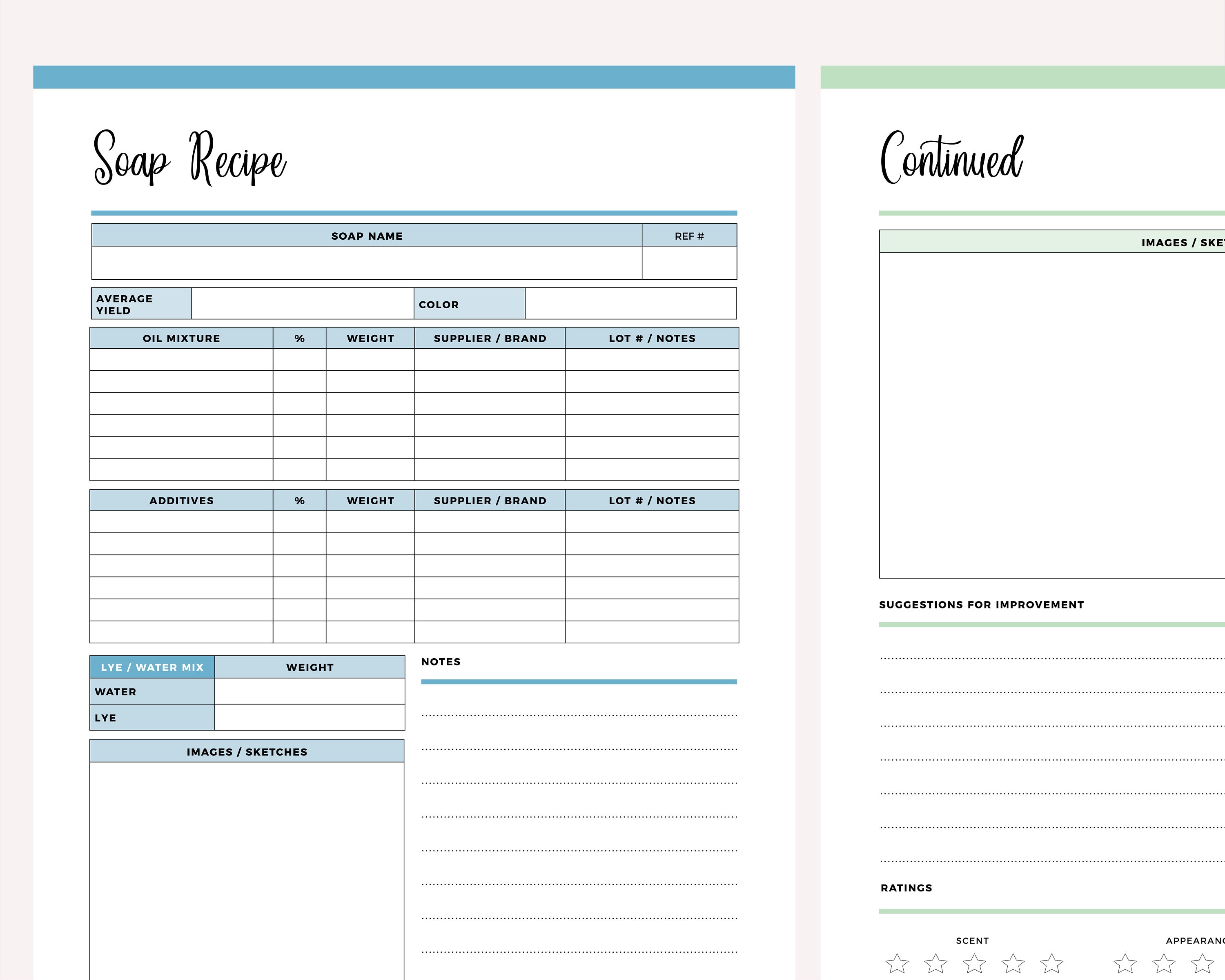 Printable Blank Soap Recipe Sheet, Soap Making Recipe Cards, Soap Maker ...
