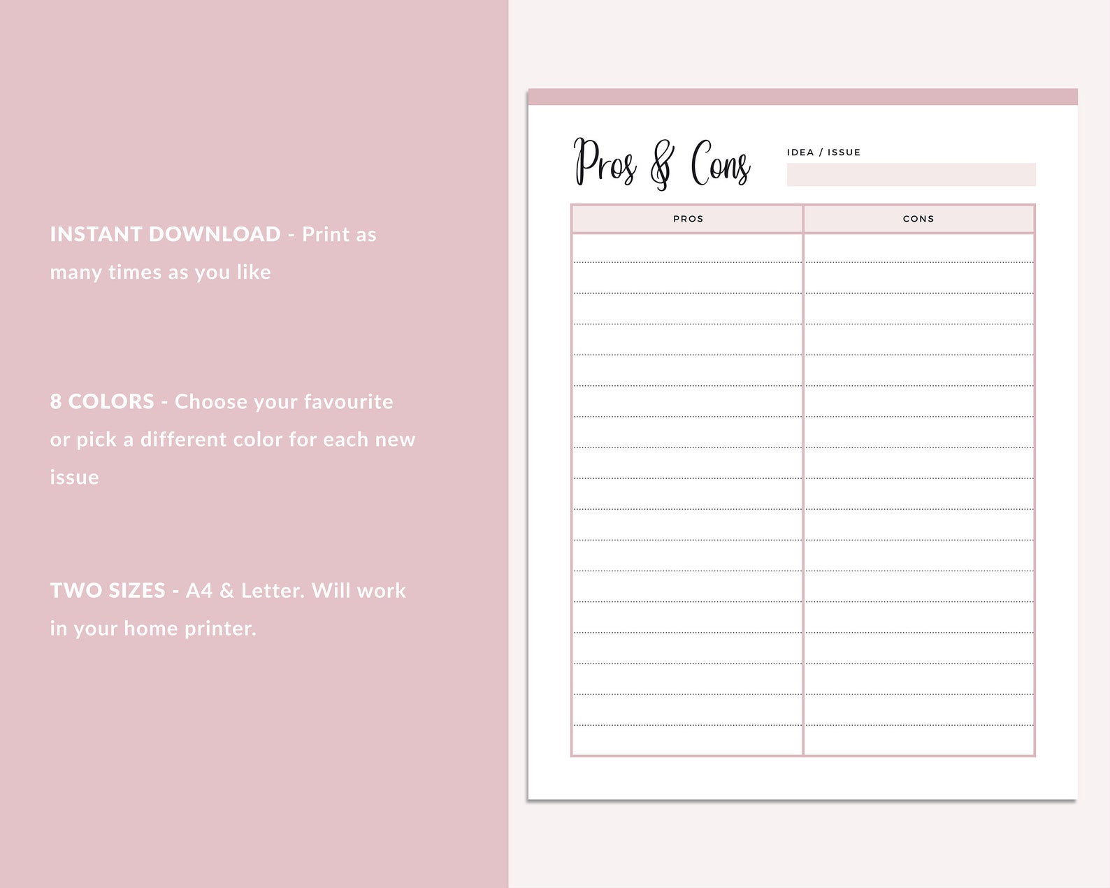Printable Pros and Cons List Instant Download Print at Home | Etsy