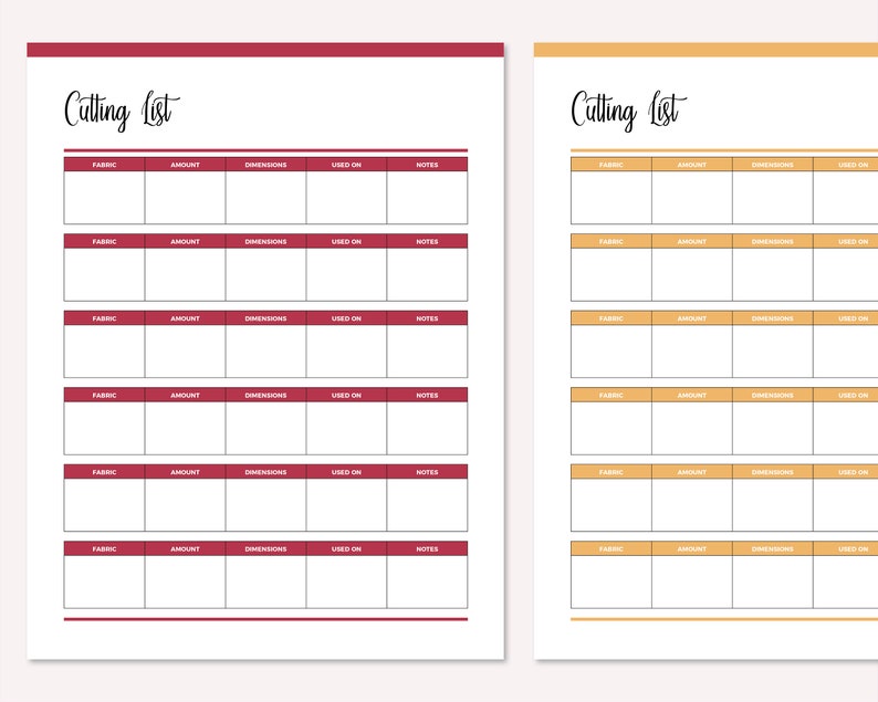 Sewing Planner Printable - Fabric Cutting List, Fitting Sheet Template ...