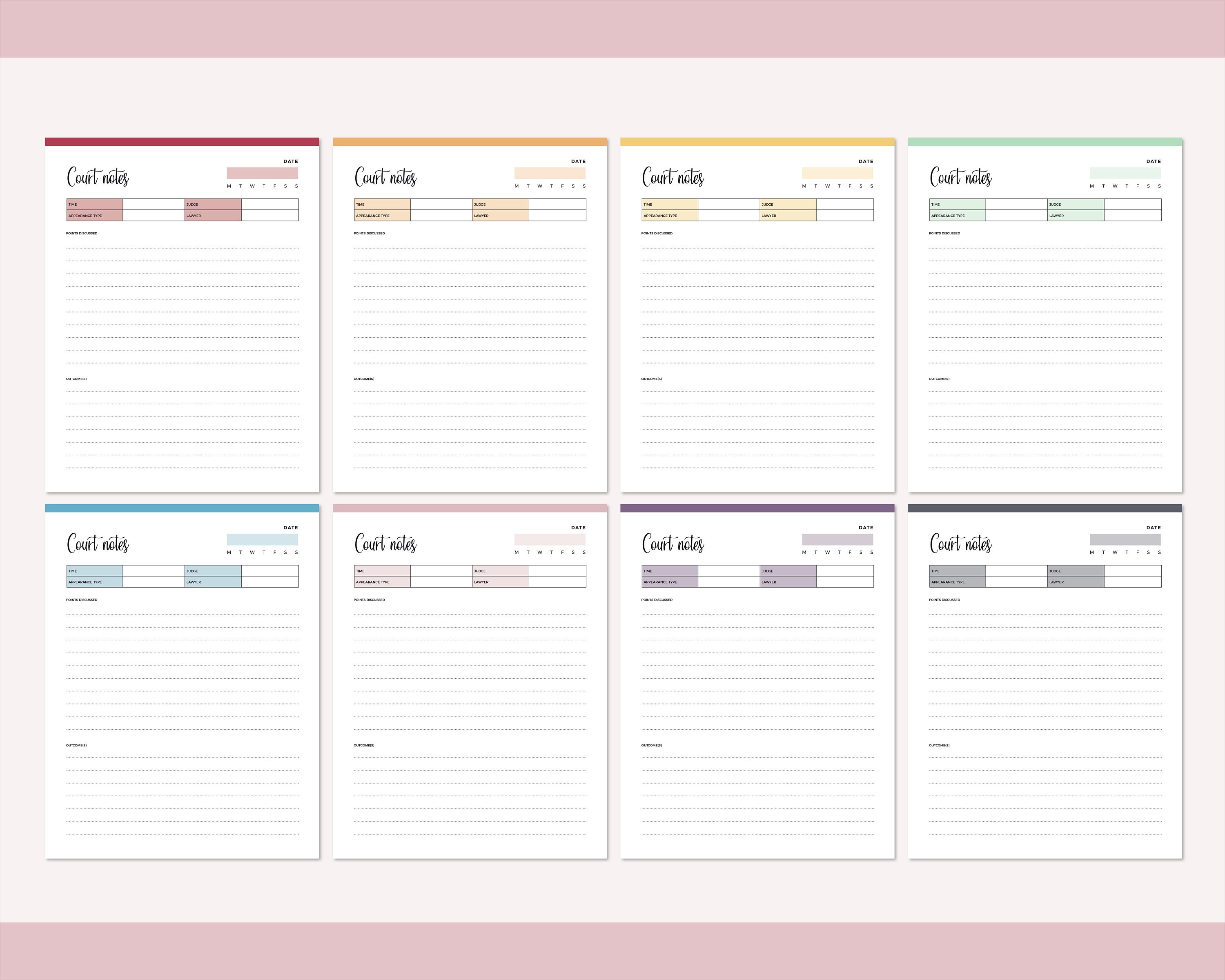 Printable Court Notes, Court Battle Record Notes, Keep Track of Court ...