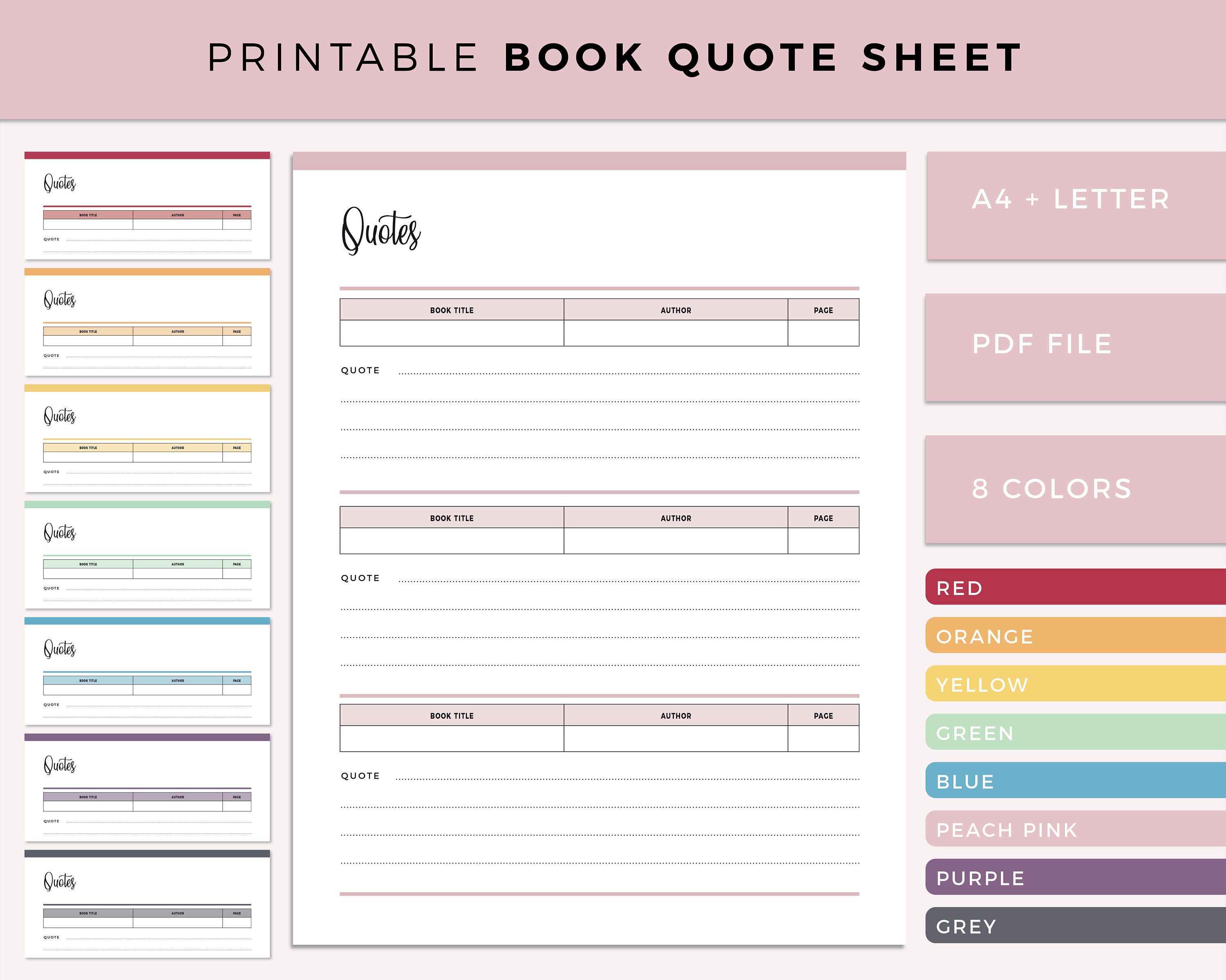 Printable Book Quote Sheet, Book Quote Planner, Quote Tracker, Book ...