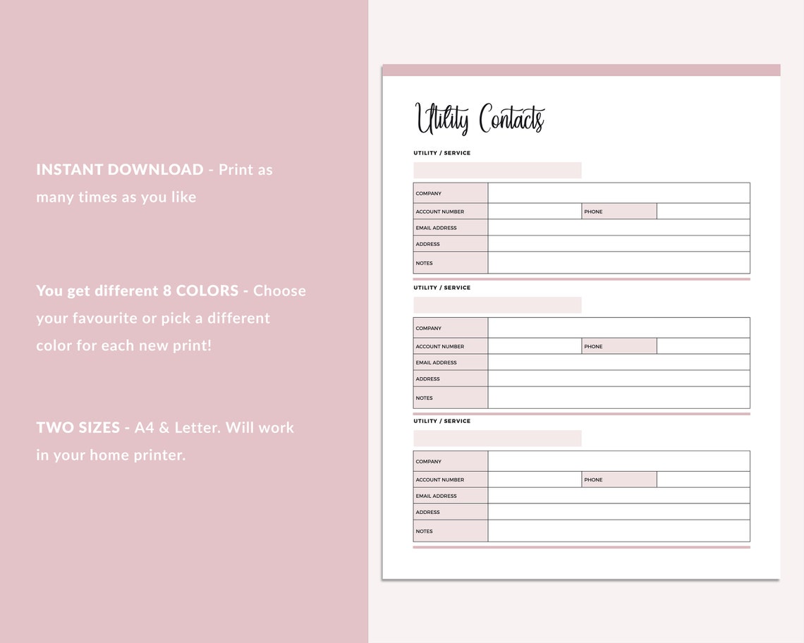 Printable Utility Contacts Tracker, Utility Service Address Book ...
