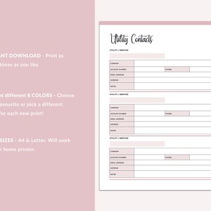 Printable Utility Contacts Tracker, Utility Service Address Book ...