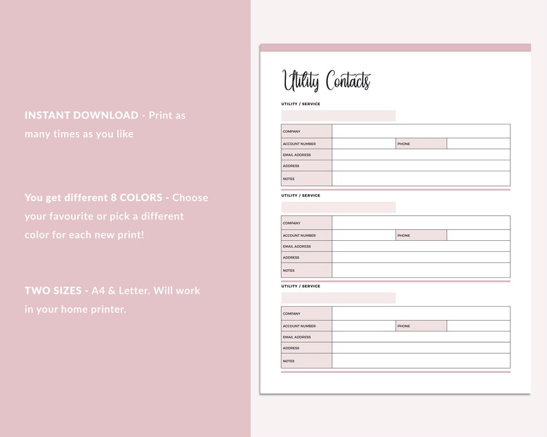 Printable Utility Contacts Tracker Utility Service Address | Etsy