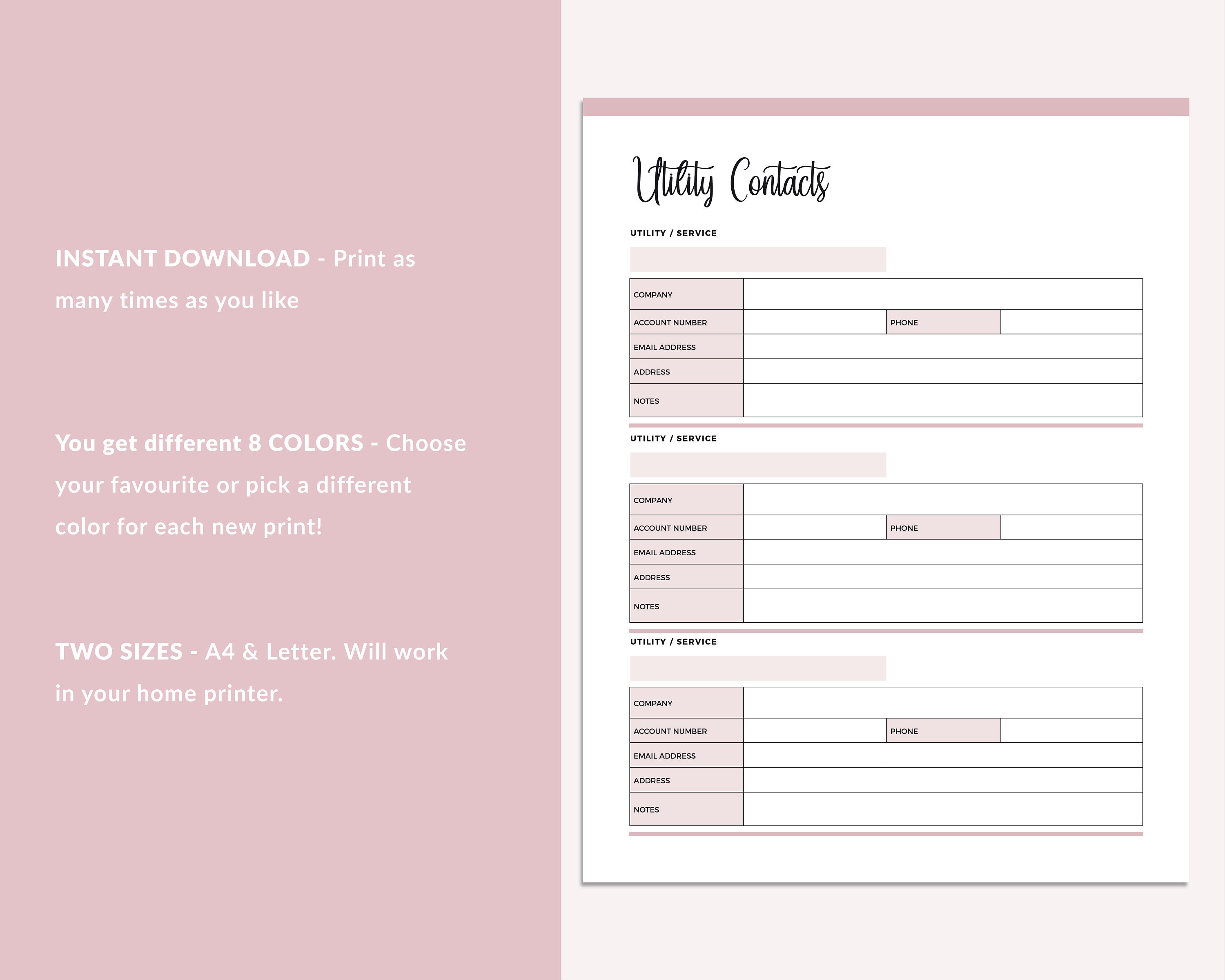 Printable Utility Contacts Tracker, Utility Service Address Book ...