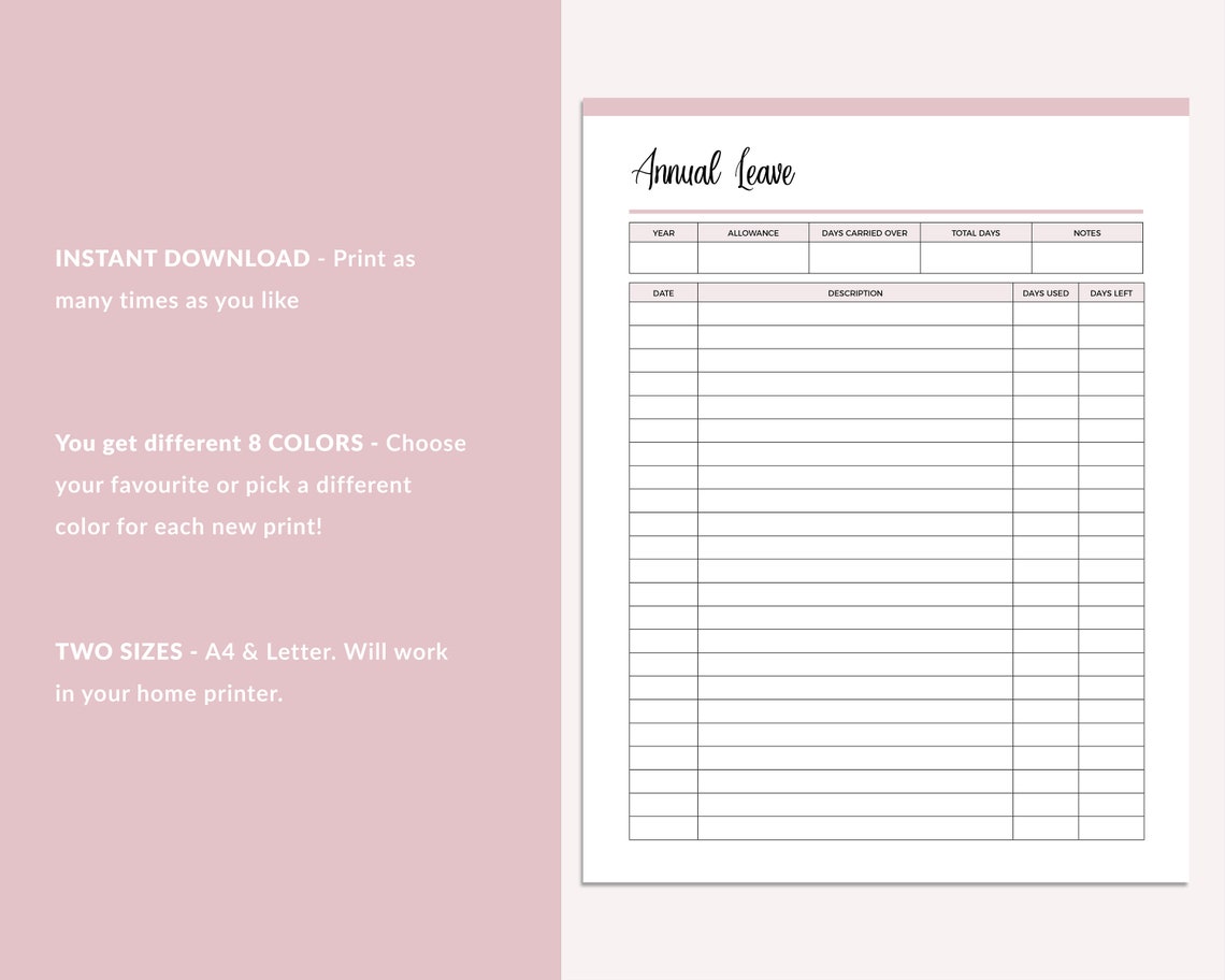 Annual Leave Tracker Printable, Work Leave Tracker, Work Holiday ...