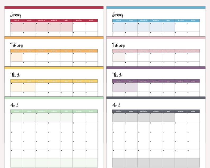 2028 Calendar Printable Landscape, Horizontal Wall Calendar, Yearly ...