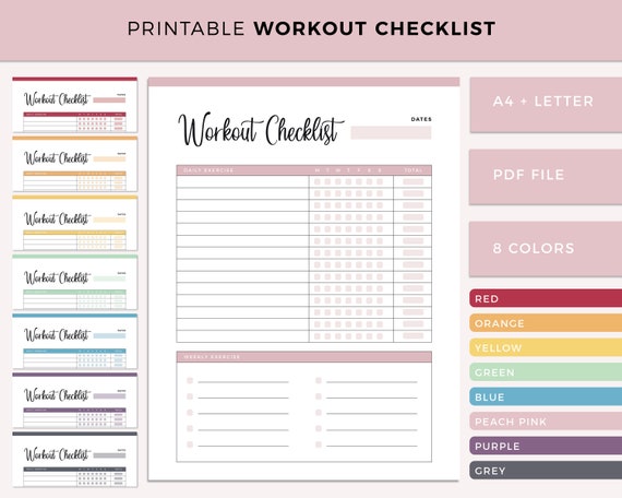 Printable Workout Checklist Exercise Tracker Printable Work - Etsy ...