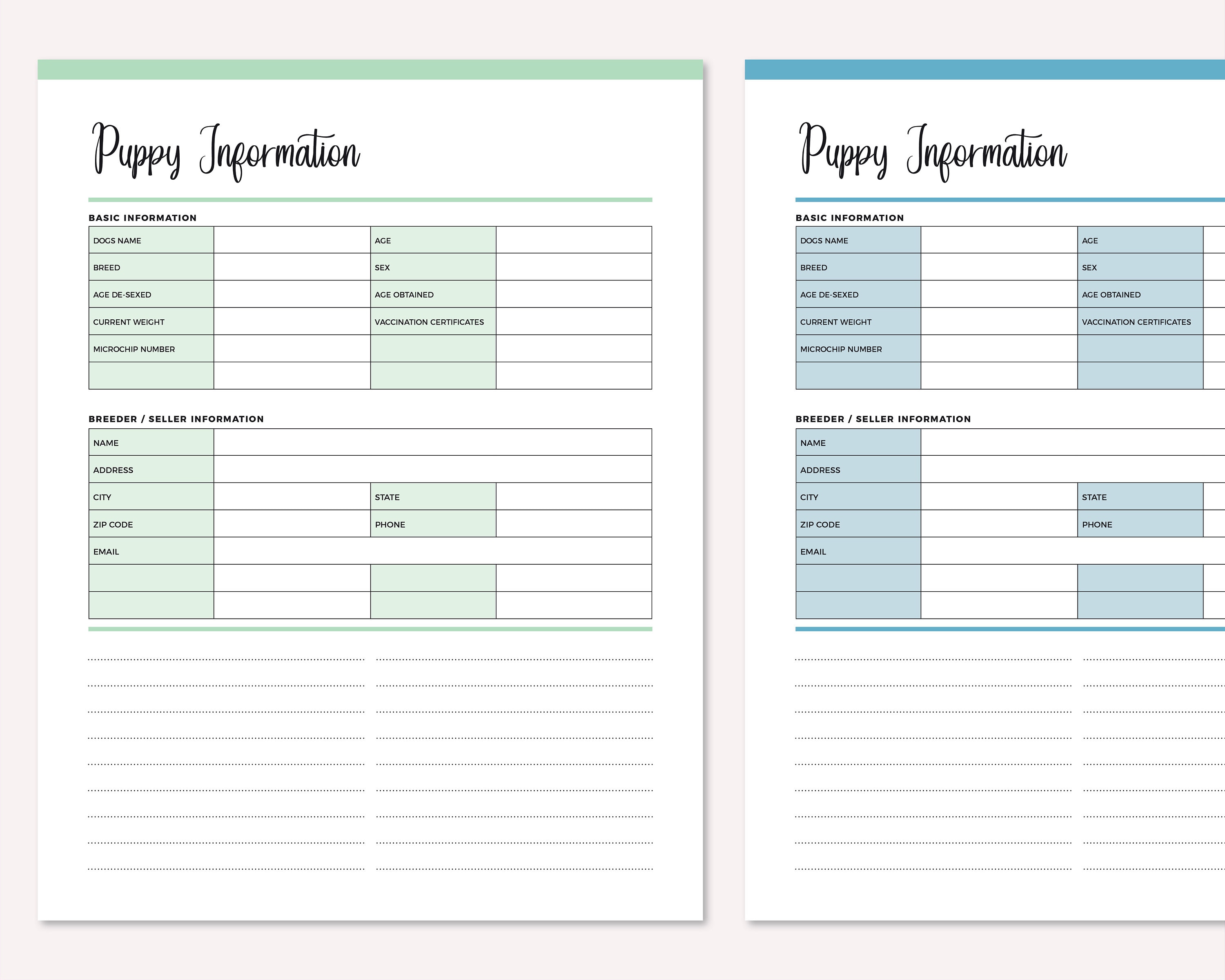 New Puppy Information Sheet Rescue Dog Information Page | Etsy