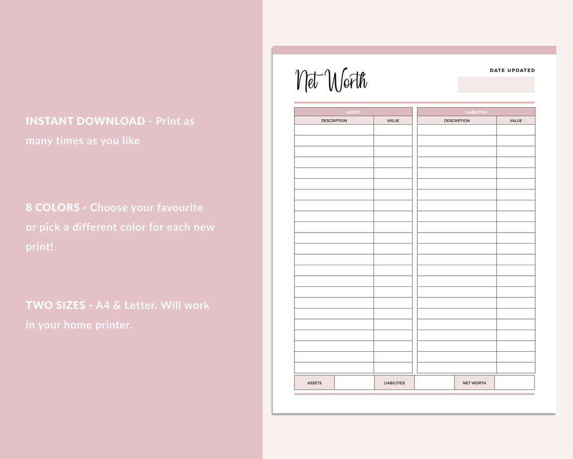 Printable Net Worth Log, Print at Home Budget Planning, Asset and ...