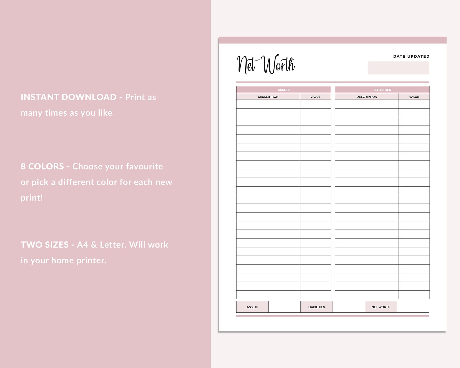 Printable Net Worth Log, Print at Home Budget Planning, Asset and ...