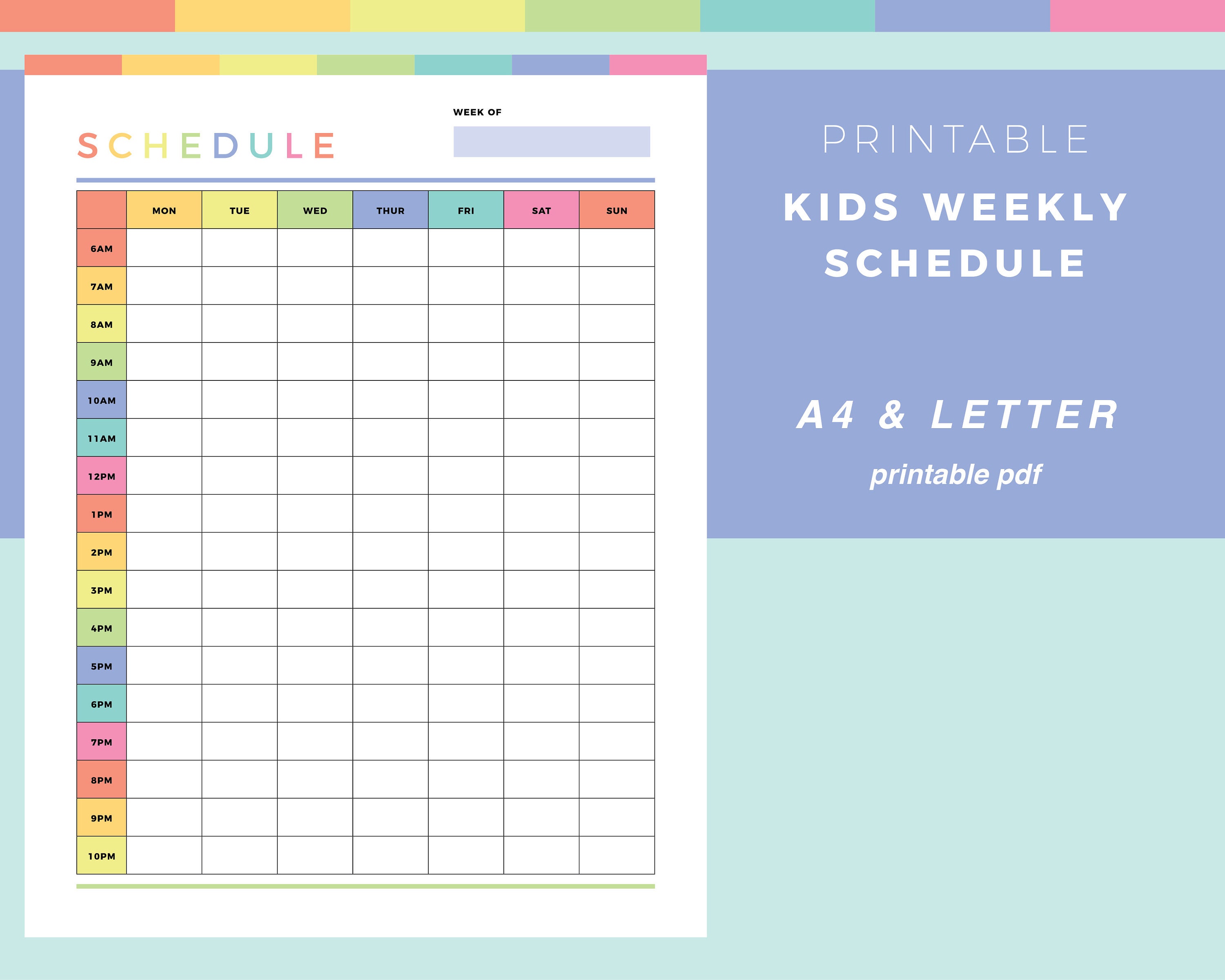 Printable Weekly Schedule for Kids 1 Hour Increments Week - Etsy