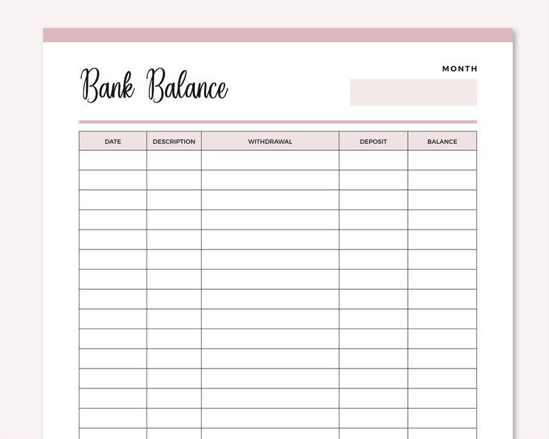 Printable Bank Balance Sheet Savings Tracker Banking Record - Etsy