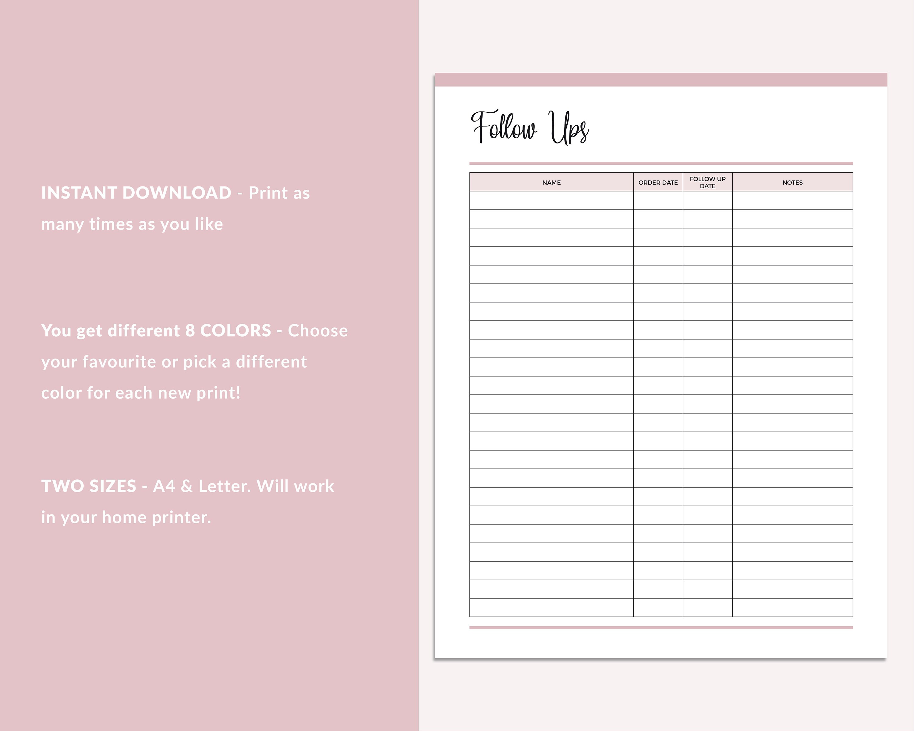 Printable Follow up Sheet, Business Follow Ups, Small Business Customer ...