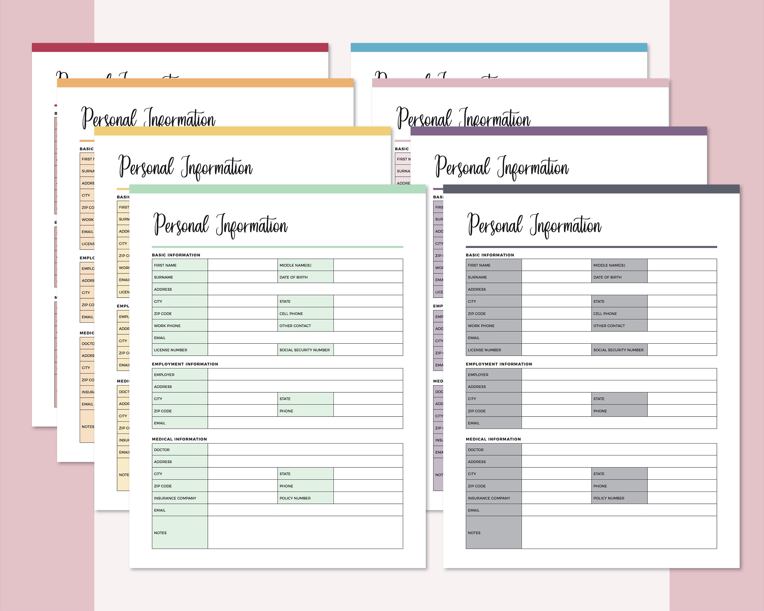 Printable Personal Information Page Planner Template Binder - Etsy ...