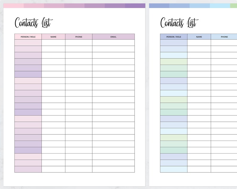 Printable Contact List Template, Rainbow Colors (PDF) - Etsy
