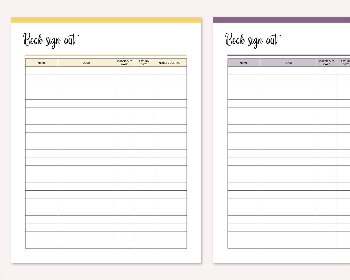 Printable Library Book Sign Out Sheet Book Sign Out Form - Etsy