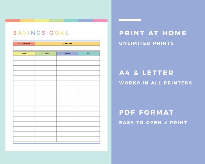 Printable Money Savings Goals for Kids, Childrens Financial Planner ...