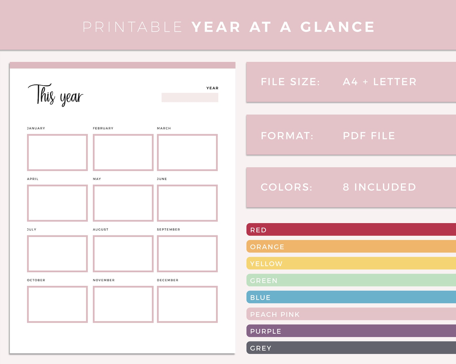 Printable Year at a Glance Planner Page Print at Home Yearly - Etsy ...