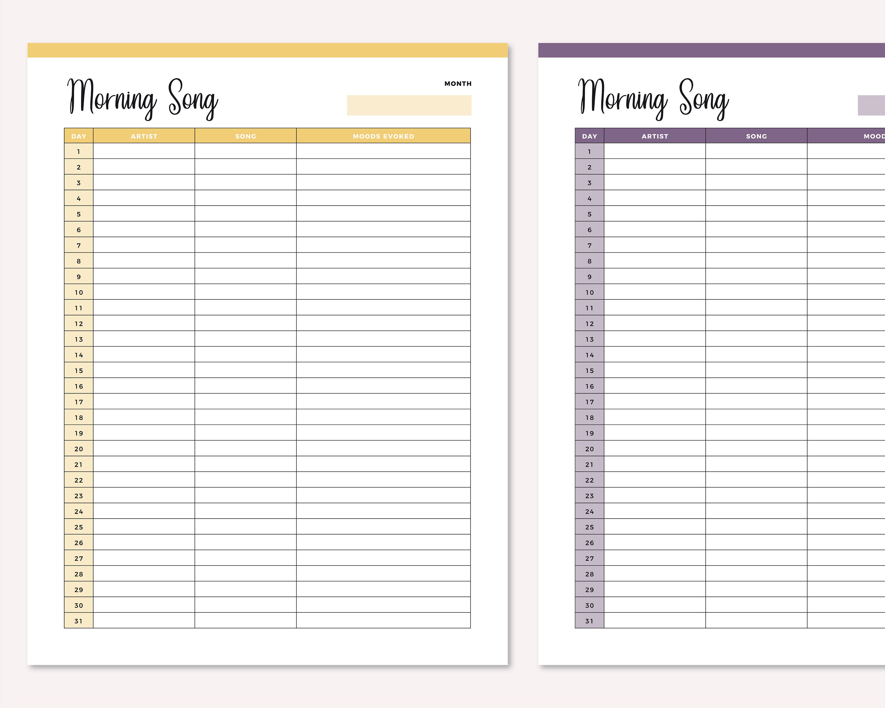 Printable Morning Song Log Morning Music Playlist Positive | Etsy