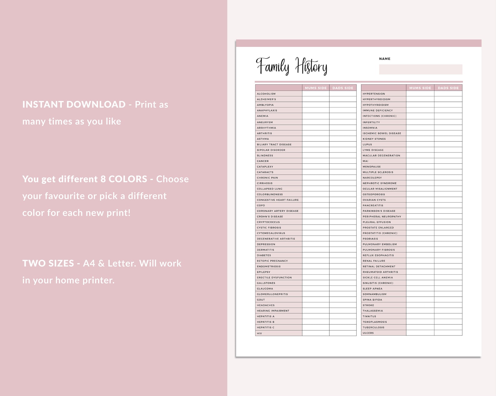 Printable Family Medical History Checklist, Medical Binder Insert ...