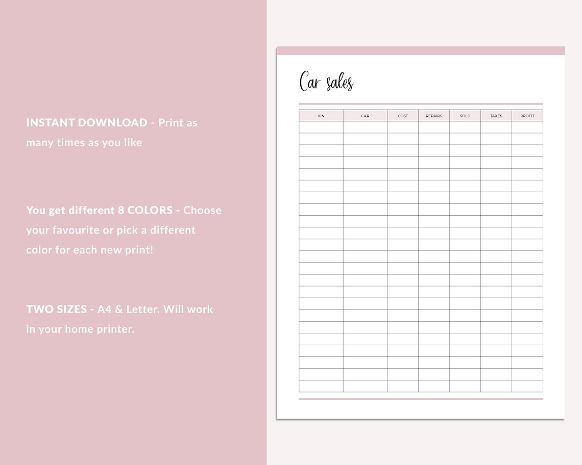 Printable Car Sales Tracker - Etsy