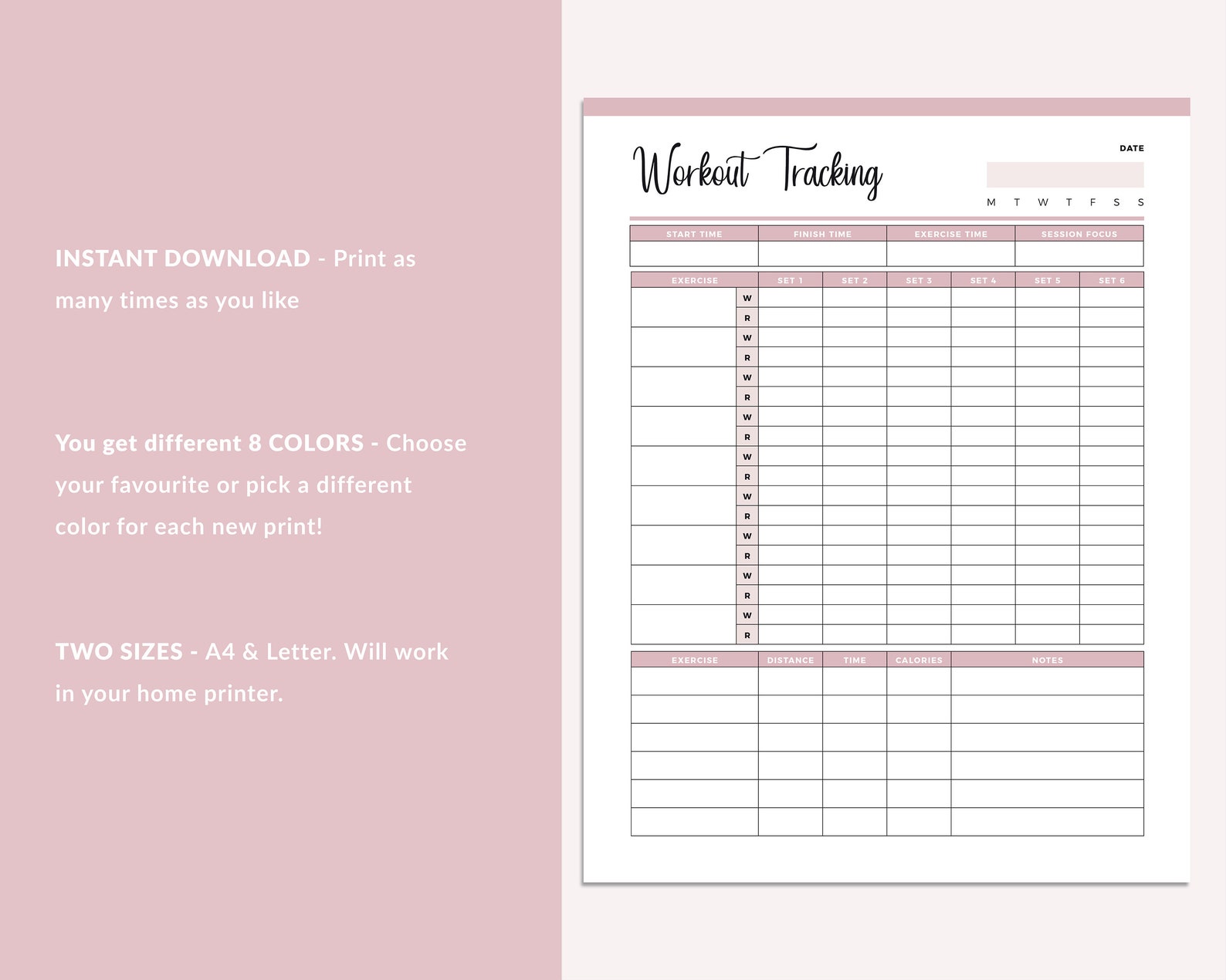 Printable Work Out Log, Exercise Tracker, Workout Tracking Sheet ...