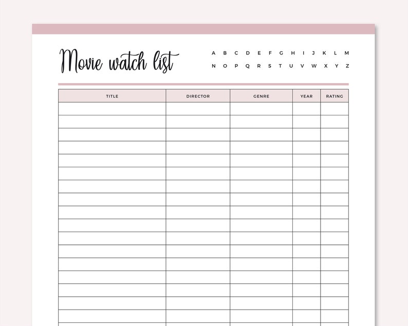 Film Watchlist Movie Watch Checklist Printable Movie | Etsy