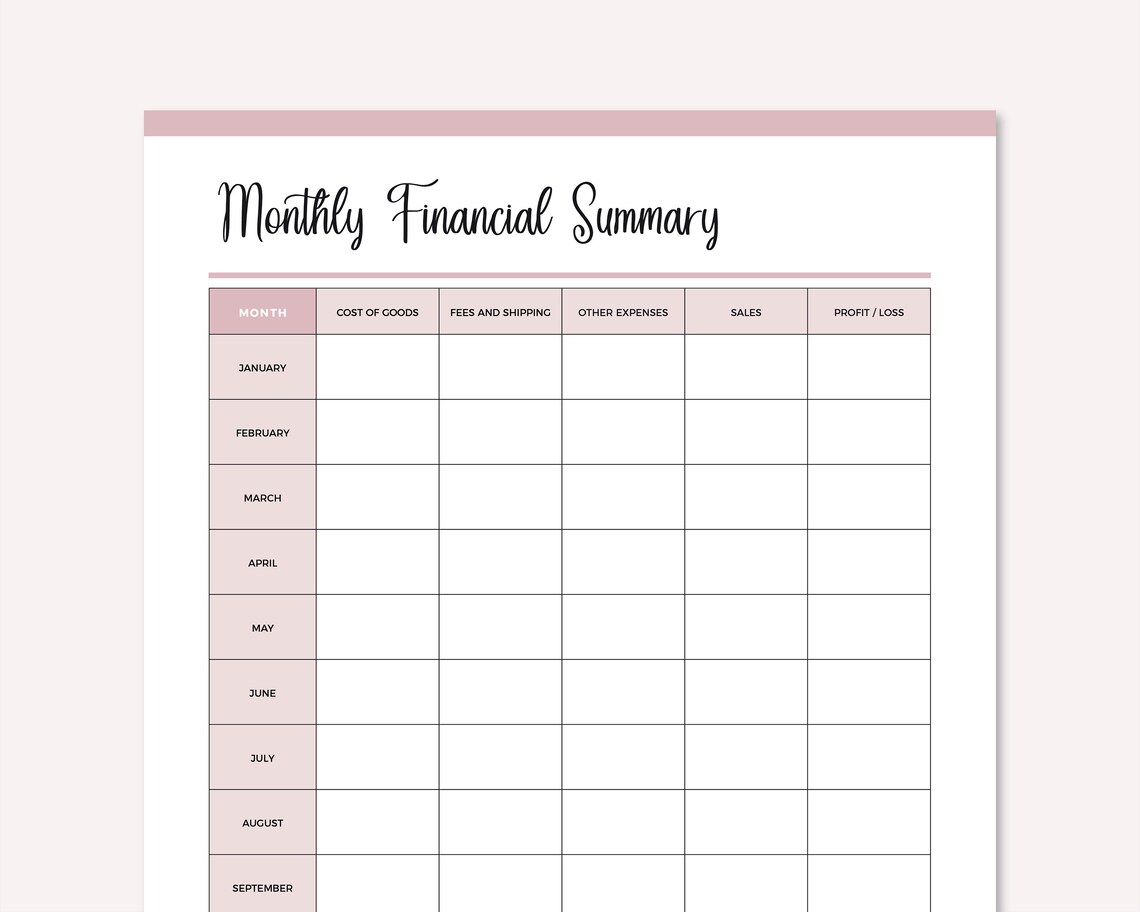 Printable Monthly Financial Summary Business Sales Tracker - Etsy