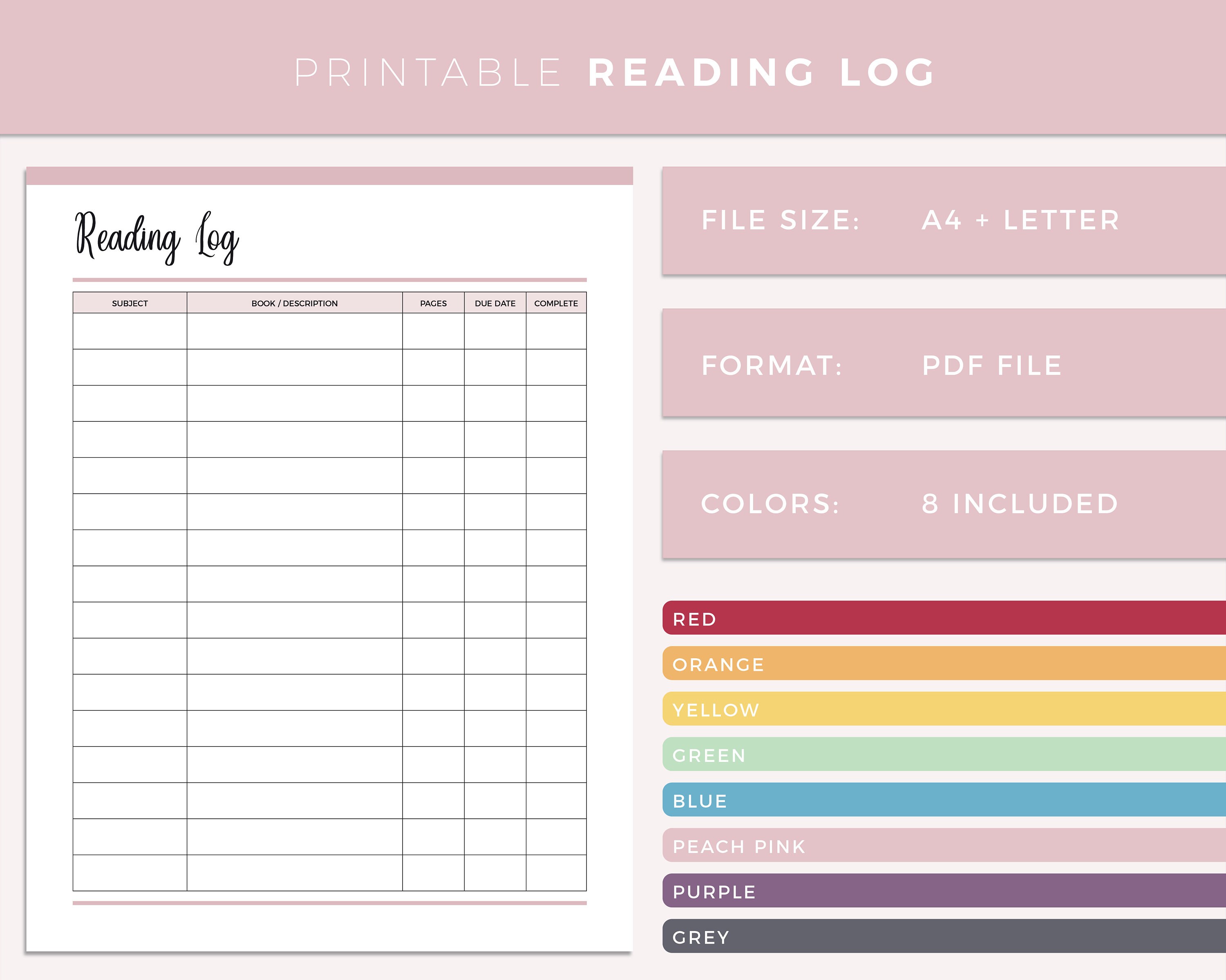 Printable Reading Log Print at Home Reading List Planner for | Etsy