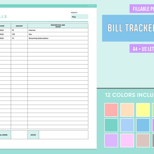 Editable Bill Tracker Printable Bills Tracker Monthly Bill - Etsy