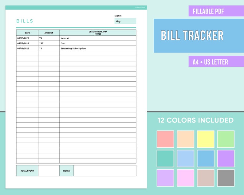 Editable Bill Tracker Printable Bills Tracker Monthly Bill - Etsy