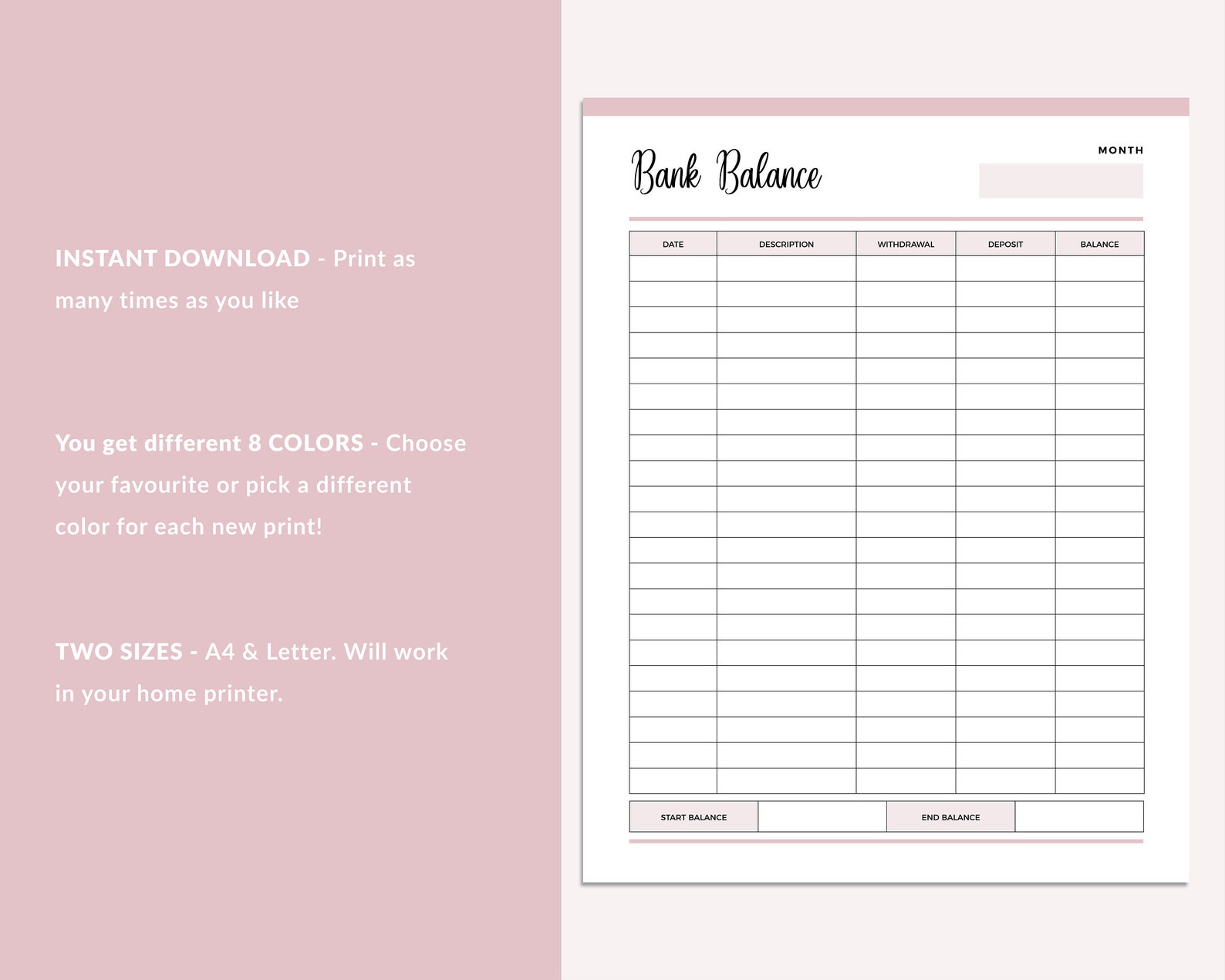 Printable Bank Balance Sheet, Savings Tracker, Banking Record, Finance ...