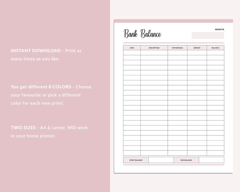Printable Bank Balance Sheet, Savings Tracker, Banking Record, Finance ...