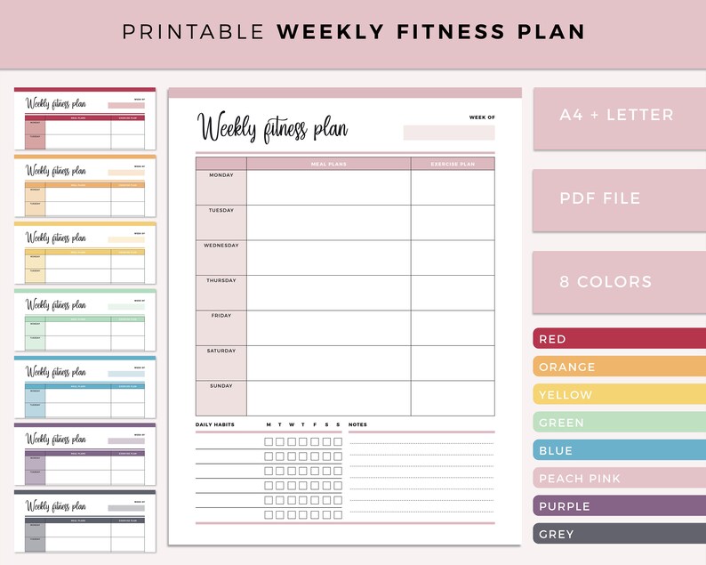 Printable Weekly Fitness Plan Fitness Planner Exercise | Etsy