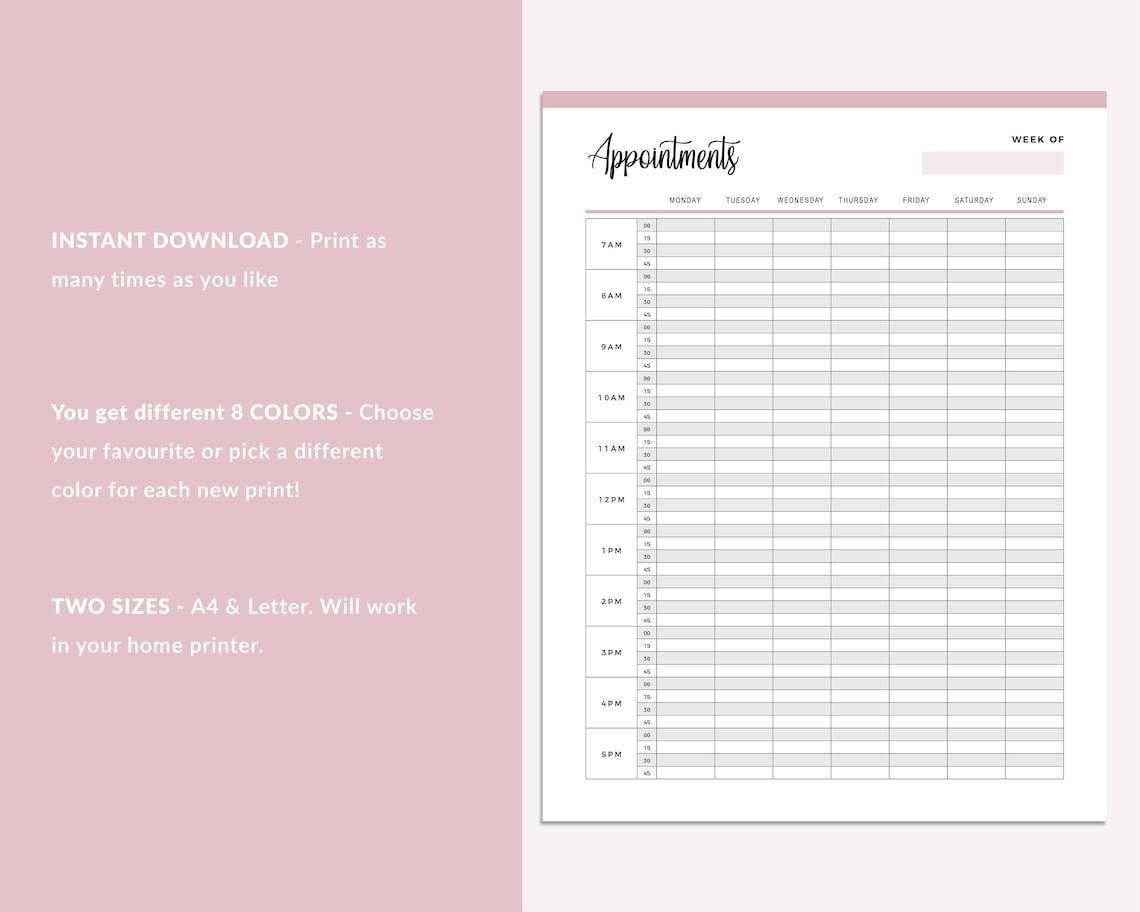 Printable Appointment Book, Print at Home Timeslot Booking Template for ...