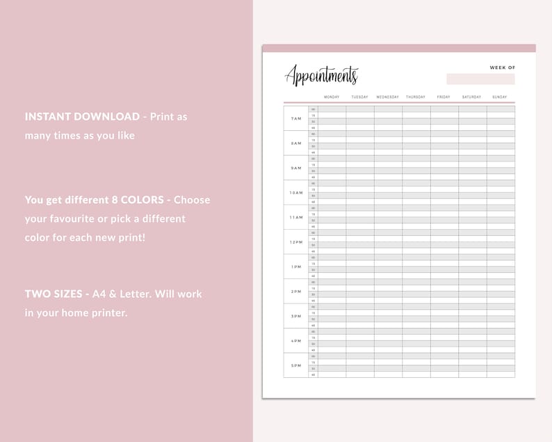 Printable Appointment Book, Print at Home Timeslot Booking Template for ...