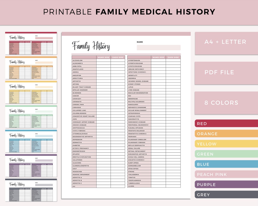 Printable Family Medical History Checklist, Medical Binder Insert ...