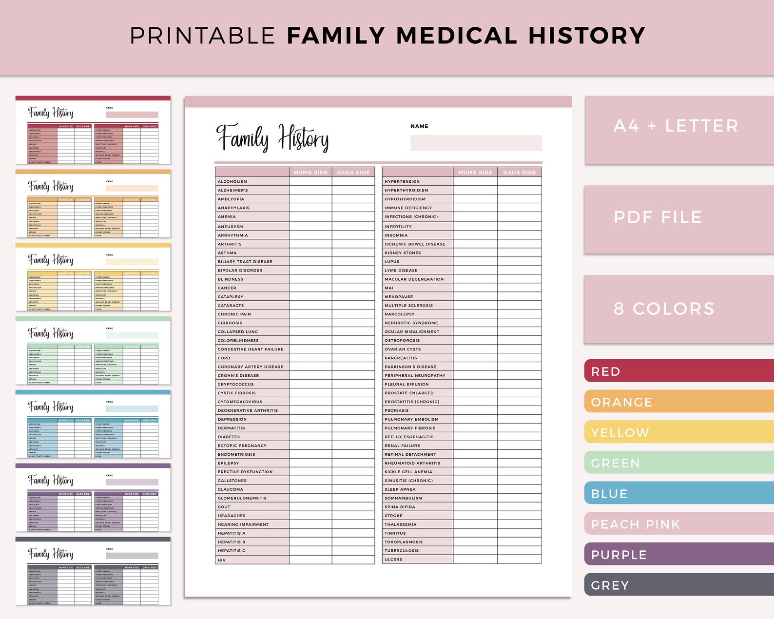 Printable Family Medical History Checklist Medical Binder - Etsy