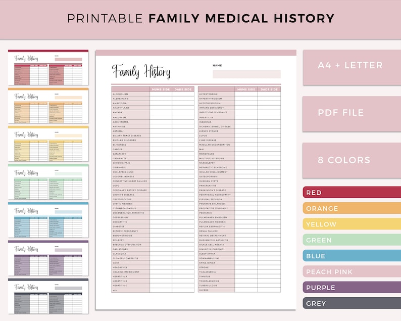 Printable Family Medical History Checklist, Medical Binder Insert ...