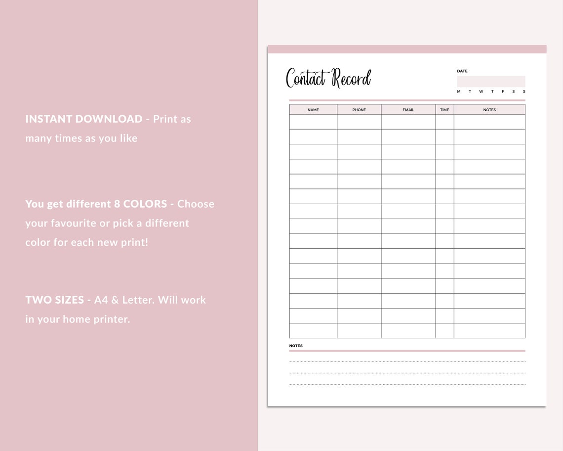 Printable Contact Record Contact Tracker Client Contact - Etsy