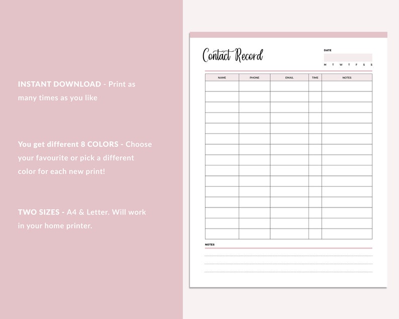 Printable Contact Record Contact Tracker Client Contact - Etsy