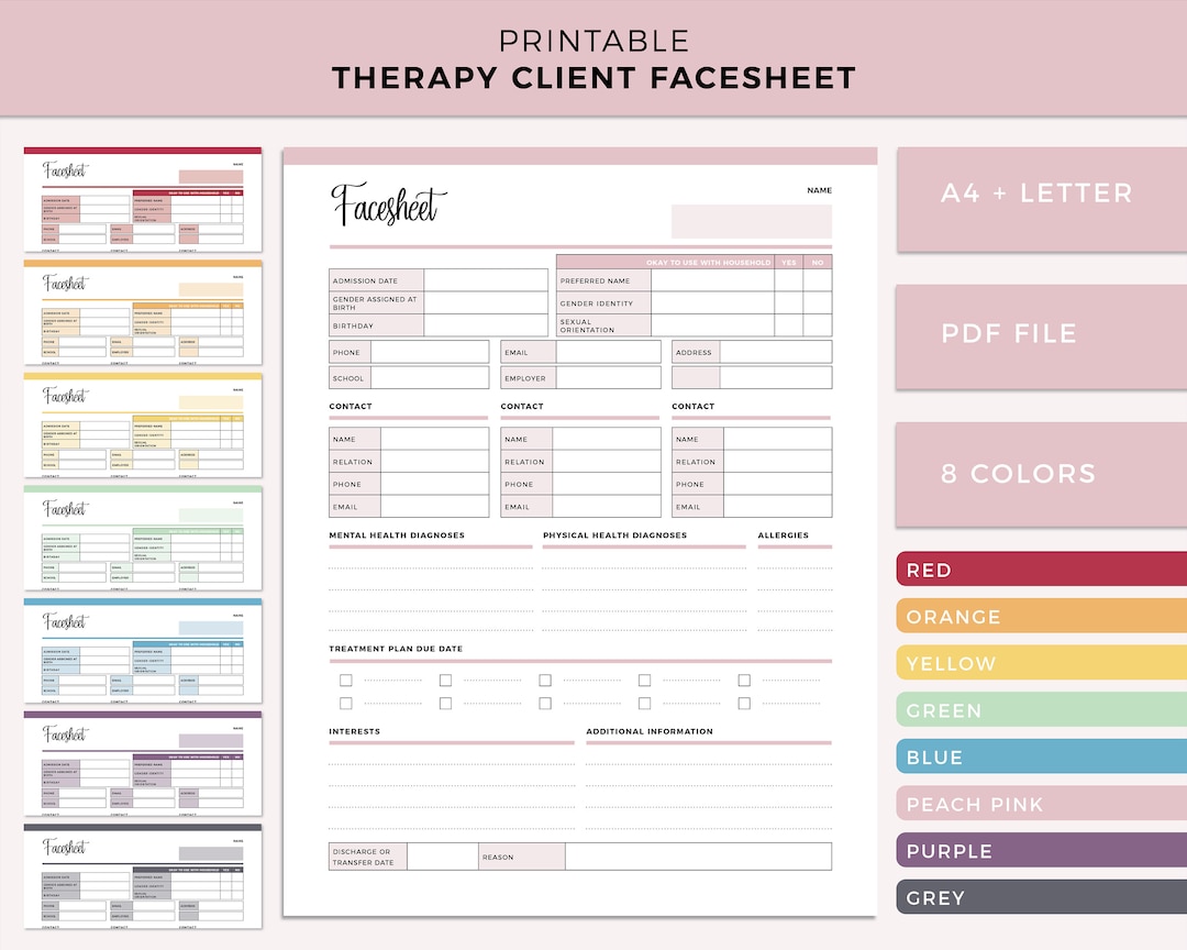 Comprehensive Therapy Client Facesheet Printable, Client Information ...