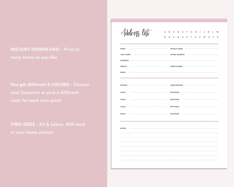 Printable Detailed Address Book, Address List, Contact List, Contact ...