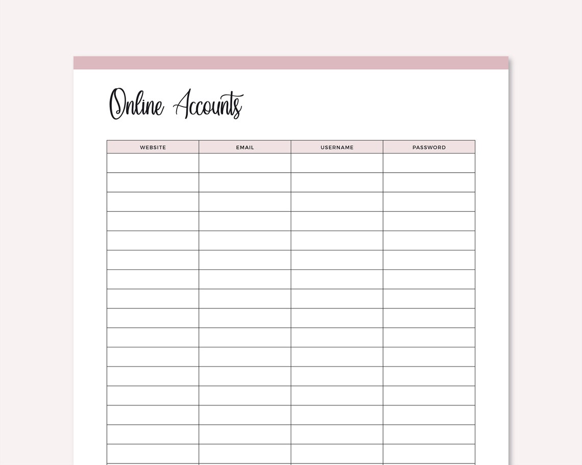 Printable Online Account List Password Log Password Keeper | Etsy