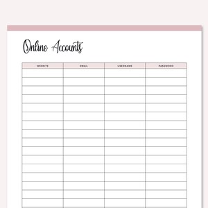 Printable Online Account List, Password Log, Password Keeper, Password ...
