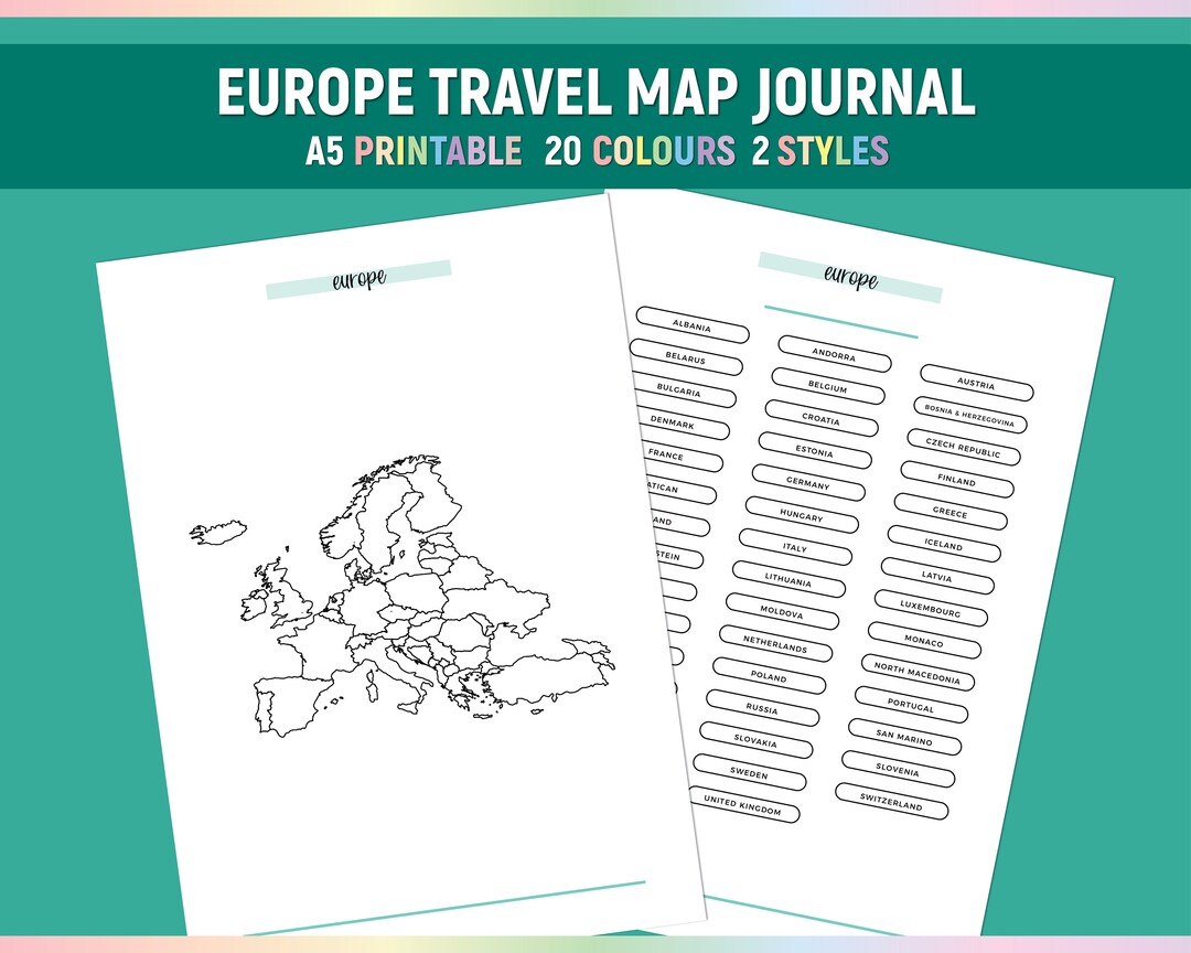A5 Europe Travel Map Journal, Printable Europe Country Trip Tracker ...