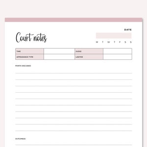 Printable Court Notes, Court Battle Record Notes, Keep Track of Court ...